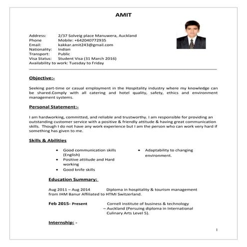 Amit CV- Hospitality & Cookery 2 (1) | DOC