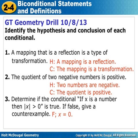 Biconditional Math Holt McDougal Geometry 2 4 Biconditional Statements
