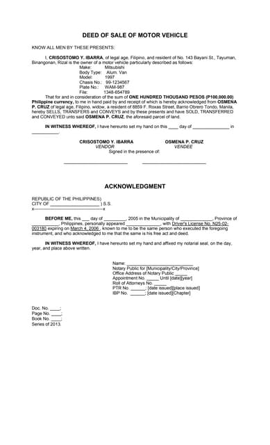 Deed of sale of motor vehicle form | PDF
