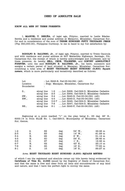Deed of Absolute Sale Sample 1 | PDF | Currencies | Economy