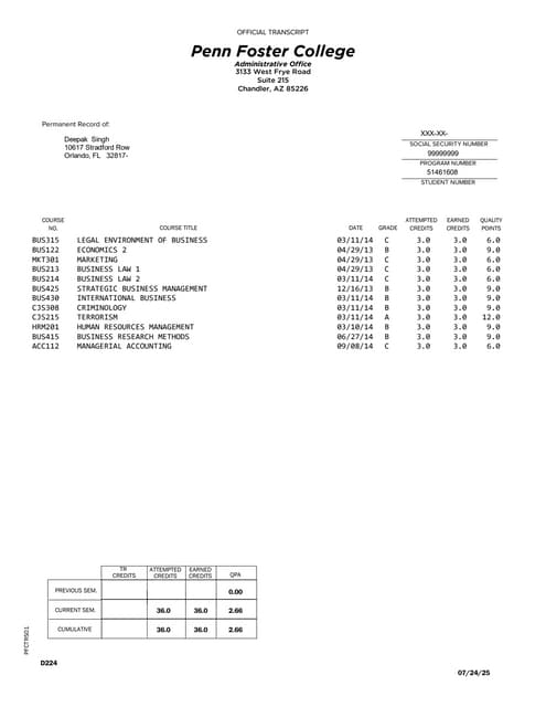 Excelsior College Transcript of Deepak (Danny) Singh | PDF