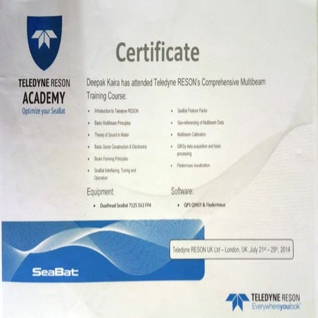 Teledyne Reson Comprehensive Training certificate | PDF