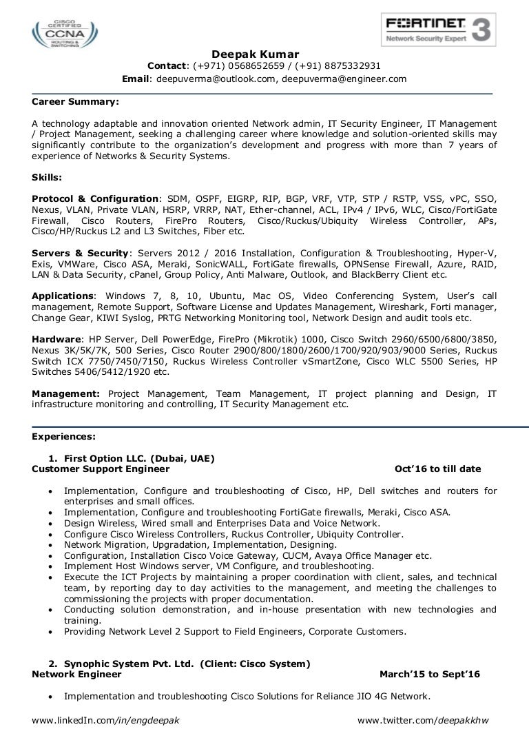 Resume for Network Engineer, Network Security, IT Management L2 / L3