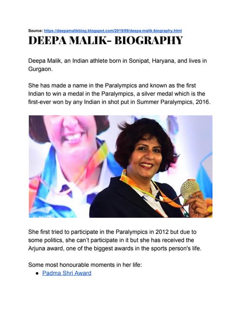 Deepa malik achievements | PDF | Track and Field | Sports