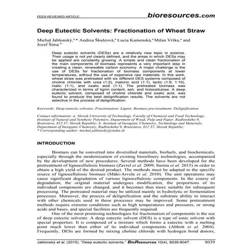 Deep Eutectic Solvents Fractionation Of Wheat Straw Pdf