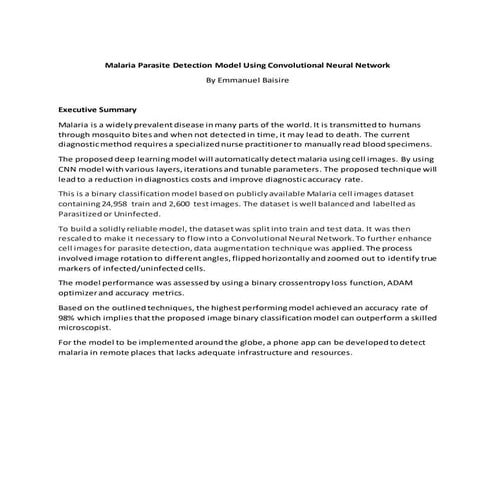 Deep Learning Malaria Detection Model By Emmanuel Baisire Pdf