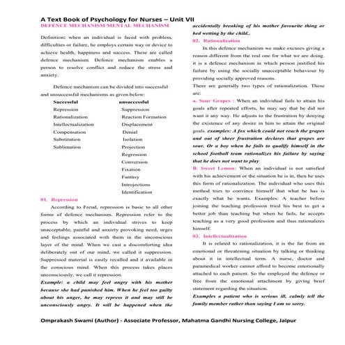 Defence Mechanism(Mental Mechanism) | PDF