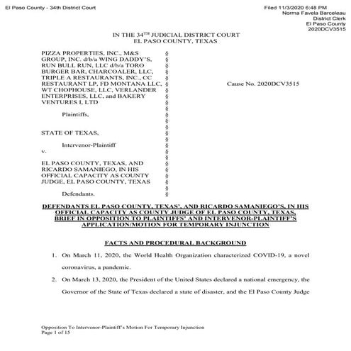 Defendants' brief in opposition to plaintiffs' temporary injunction motions (october 2020) | PDF