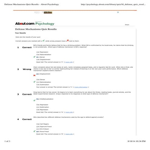Defense mechanisms quiz results about psychology | PDF