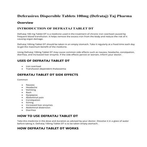 Deferasirox Dispersible Tablets 100mg (Defrataj) Manufacturers ...