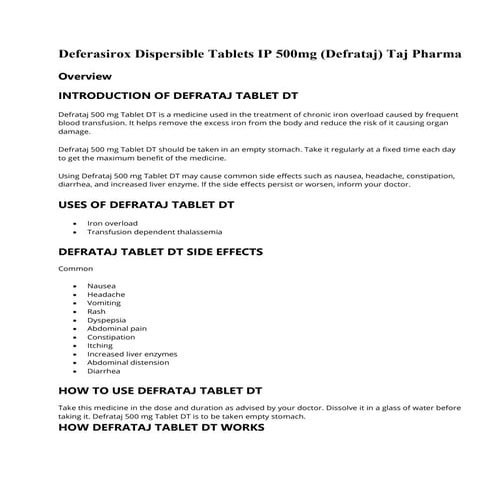 Deferasirox Dispersible Tablets 400mg (Defrataj) Manufacturers ...