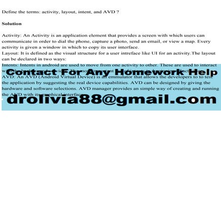 Define the terms activity, layout, intent, and AVD SolutionA.pdf