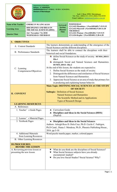 Lesson Plan Disciplines or branches of social sciences | PDF