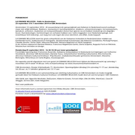 Persbericht LA GRANDE BELLEZZA, Italie in Amsterdam | PDF
