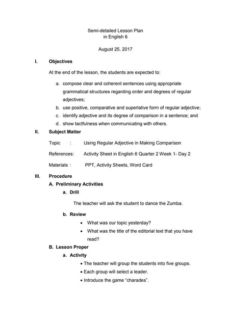 Detailed Lesson Plan for English (Language) Grade 6 | DOCX