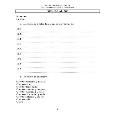 Números Imprimibles Del 100 Al 200