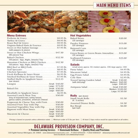 Delaware provision company main menu items | PDF