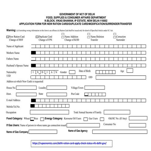 Delhi ration card Application Form | DOC