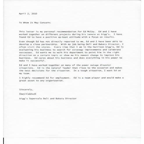 Deli/Bakery Director Letter Of Recommendation | PDF