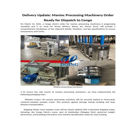Delivery Update Manioc Processing Machinery Order Ready for Dispatch to Congo .docx