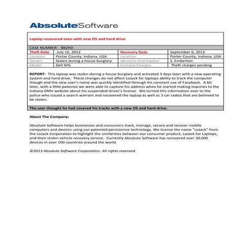 Dell XPS Laptop Theft Recovery Case from Absolute Software – Case Number 8B2H0 | PDF