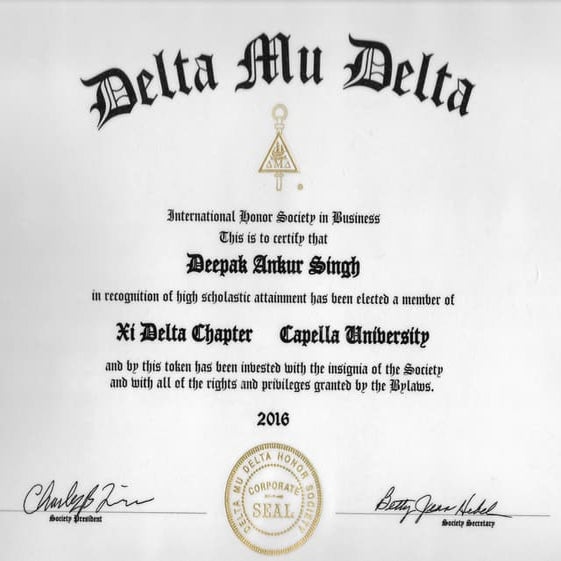 Delta Mu Delta Certificate of Deepak (Danny) Singh | PDF