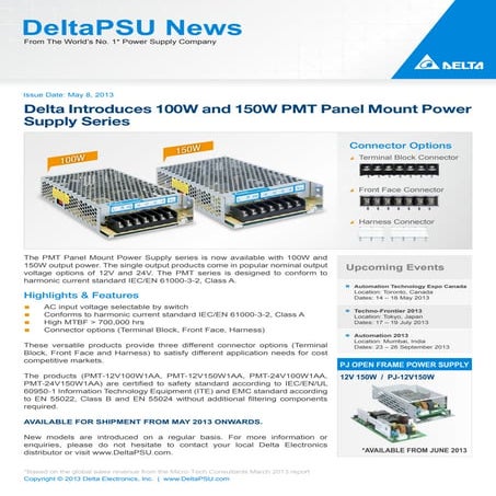 Delta Introduces 100W and 150W PMT Panel Mount Power Supply Series | PDF