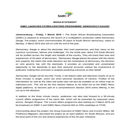 Democracy gauge launch | DOCX | Television | Entertainment