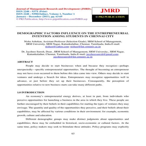 Demographic factors influence on the entrepreneurial intention among students in chennai city | PDF