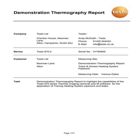 Demonstration thermography report of trace & access of heating pipework ...