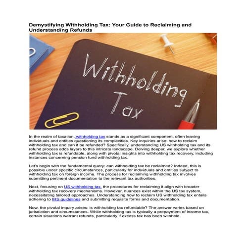 Demystifying Withholding Tax: Your Guide to Reclaiming and ...