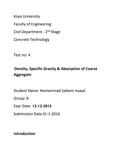 Specific Gravity & Absorption of Aggregate (Coarse & Fine) | Jameel Academy | PDF