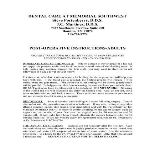 DentalCare @ Memorial Southwest post-op instructions | DOC