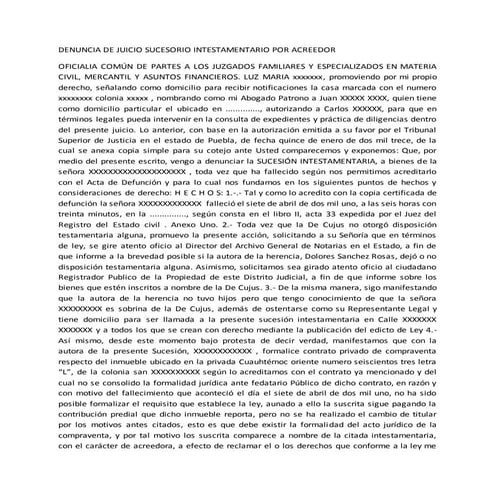 Denuncia de juicio sucesorio intestamentario por acreedor | DOCX