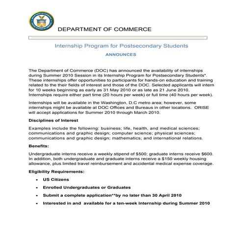 Department Of Commerce Internship Program For Postsecondary Students | DOC