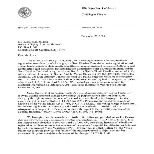 Department of Justice Letter to South Carolina | PDF