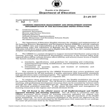 DepEd Memo 082 s. 2017 | PDF