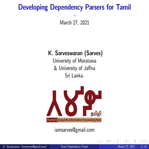 Developing Dependency Parsers for Tamil | PPT