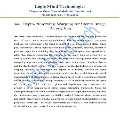 Depth preserving warping for stereo image retargeting | PDF