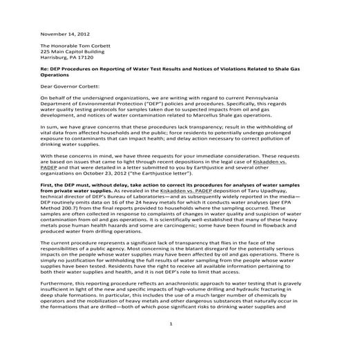 Letter Sent by 25 Anti-Fracking Organizations to Gov. Tom Corbett on ...