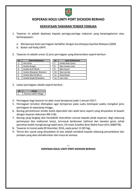 CONTOH IKLAN TENDER BAGI KERJA MELEBIHI RM 10 JUTA | PDF
