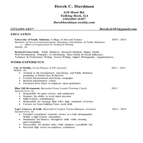 DEREK C. HARDMAN'S RESUME 2016 | DOCX