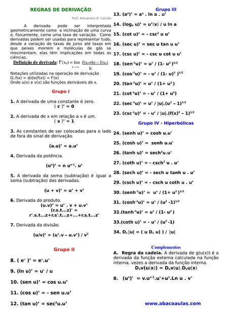 Tabela completa de derivadas e integrais | PDF