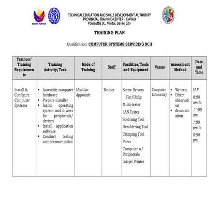 Tesda Css Ncii Swbl Training Plan Cssnciidocx