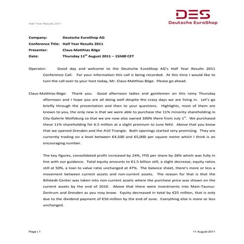 Deutsche EuroShop H1 2011 Conference Call Transcript | PDF