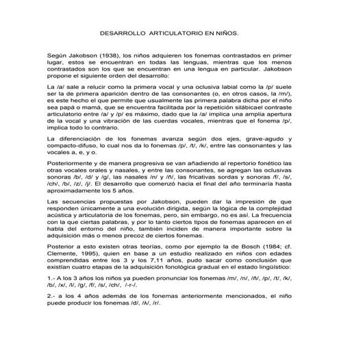 Desarrollo articulatorio en niños | DOCX
