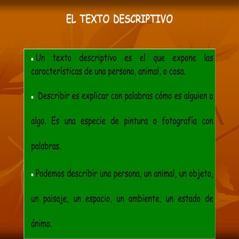 Texto descriptivo: presentación y actividades. | PPT