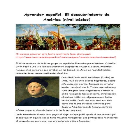 Aprender español: El descubrimiento de América (nivel básico) | PDF