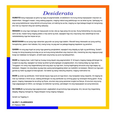 Desiderata (salin sa Tagalog ni Alvin T. Claridades) | PDF