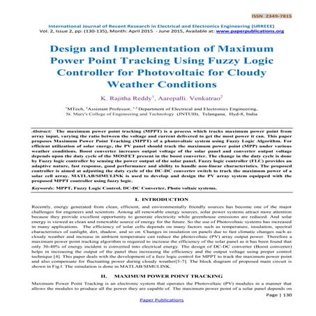 Design And Implementation Of Maximum Power Point Tracking Using Fuzzy Logic Controller For 
